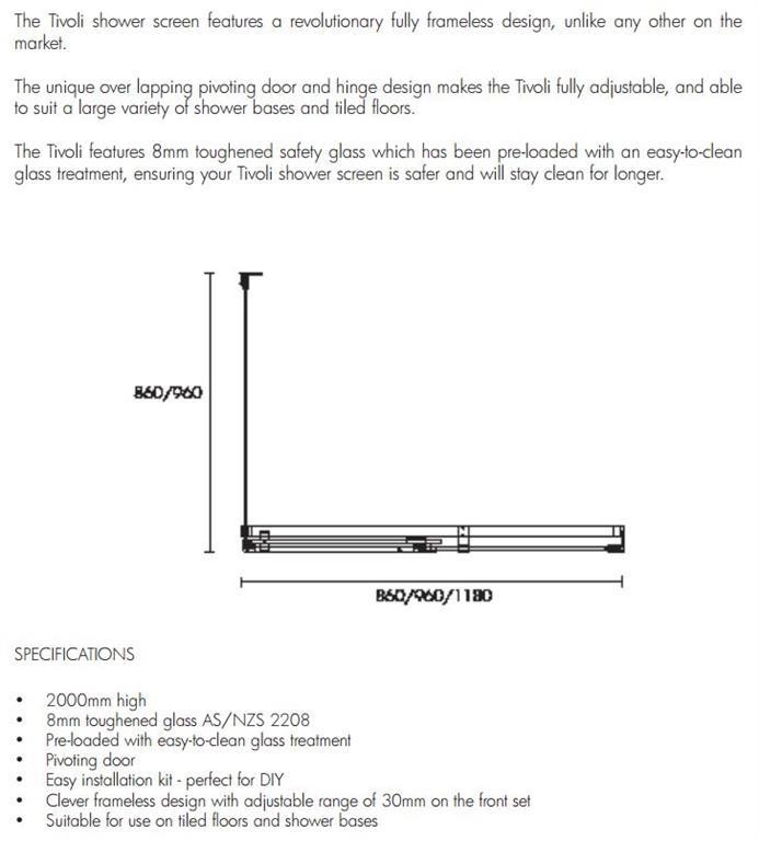 Marbletrend Shower Screen Return Panel 900mm Tivoli 3 Series Frameless
